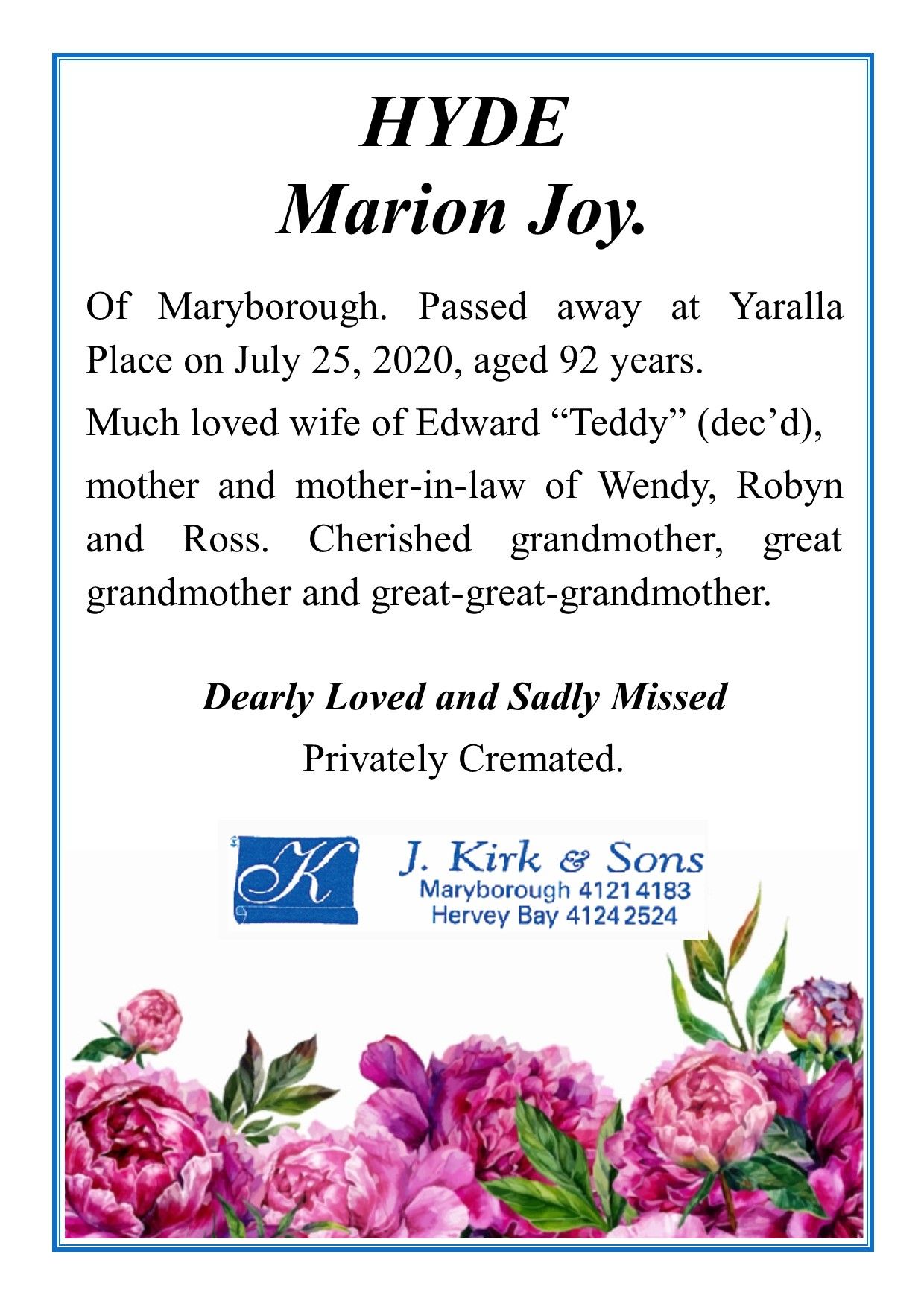 Funeral Notices and Memorials | Hervey Bay and Maryborough