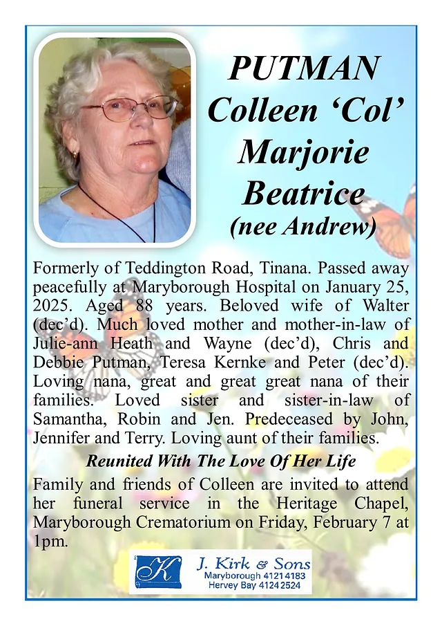 Funeral Notices and Memorials in Hervey Bay, Maryborough | J Kirk Sons ...