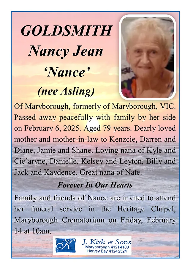 Funeral Notices and Memorials in Hervey Bay, Maryborough | J Kirk Sons ...