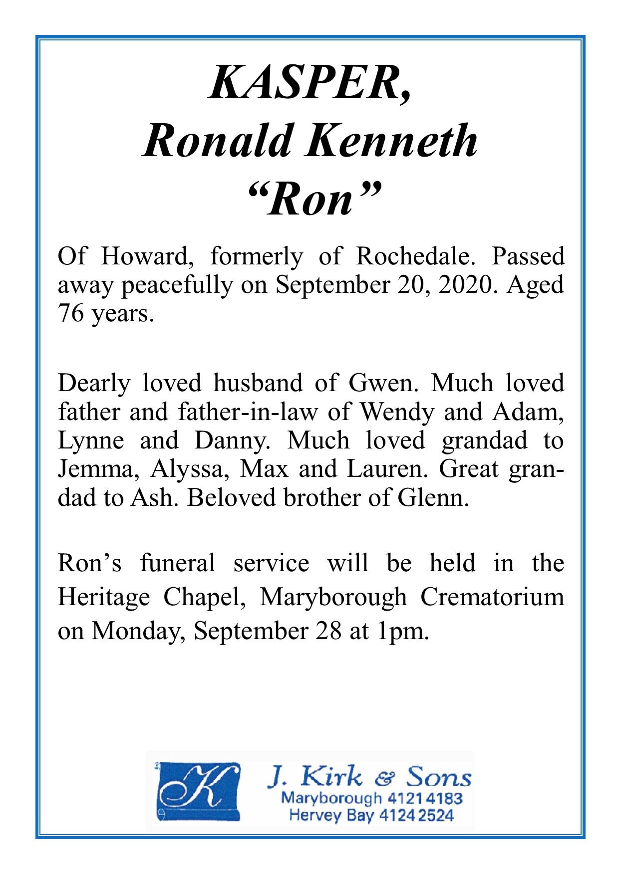 Funeral Notices and Memorials | Hervey Bay and Maryborough