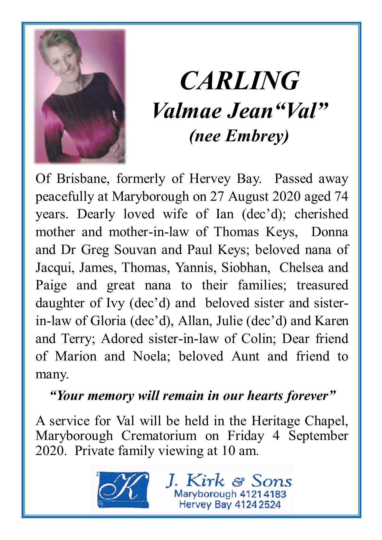 Funeral Notices and Memorials | Hervey Bay and Maryborough