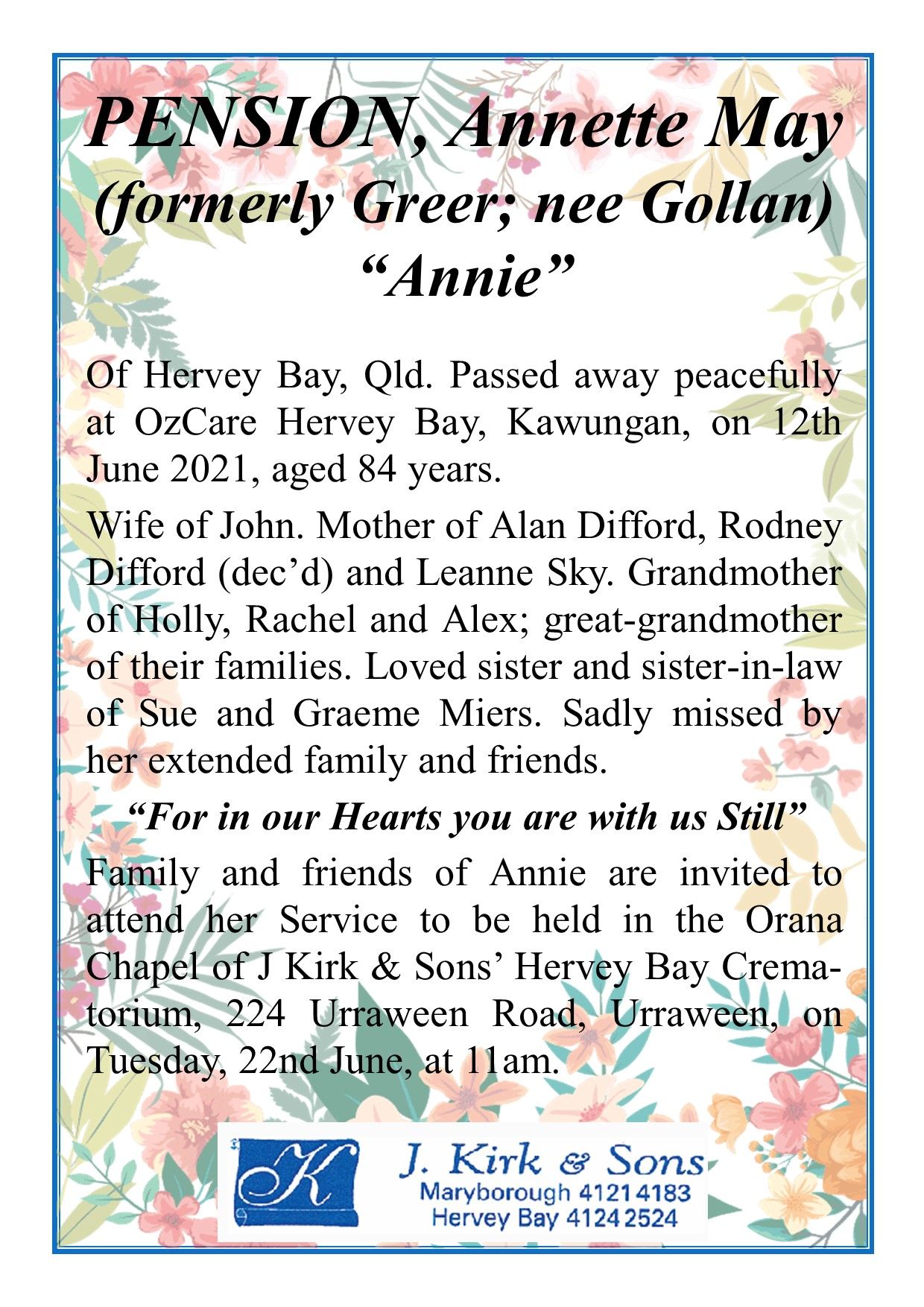 Funeral Notices and Memorials | Hervey Bay and Maryborough