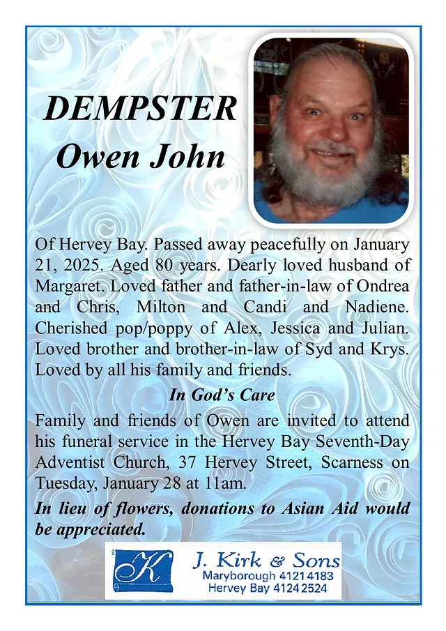 Funeral Notices and Memorials in Hervey Bay, Maryborough | J Kirk Sons ...